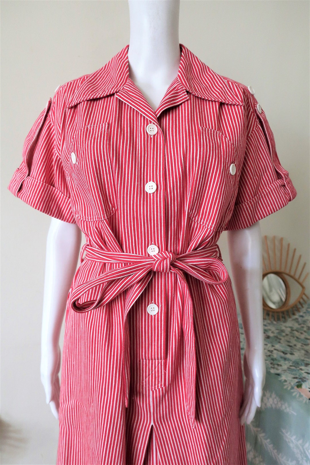 Finnish Vintage Vinetta Red and White Striped Cotton Midi Shirt Dress ...