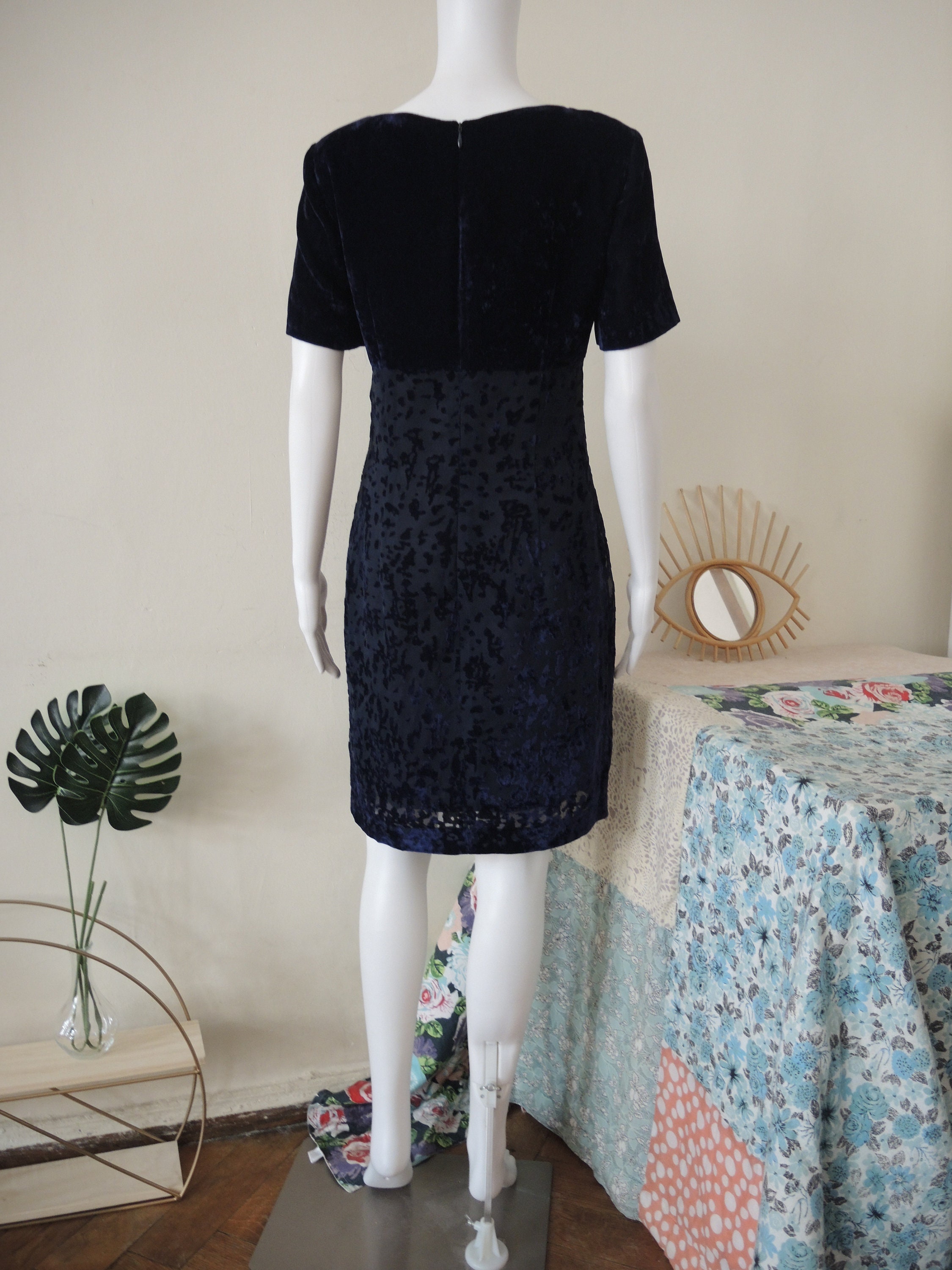 Vintage dark purple devoré velvet cocktail midi dress 1990s | Etsy