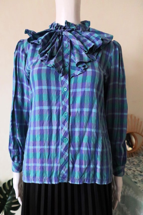 German Vintage Amica check lurex cotton blouse in aqu… - Gem