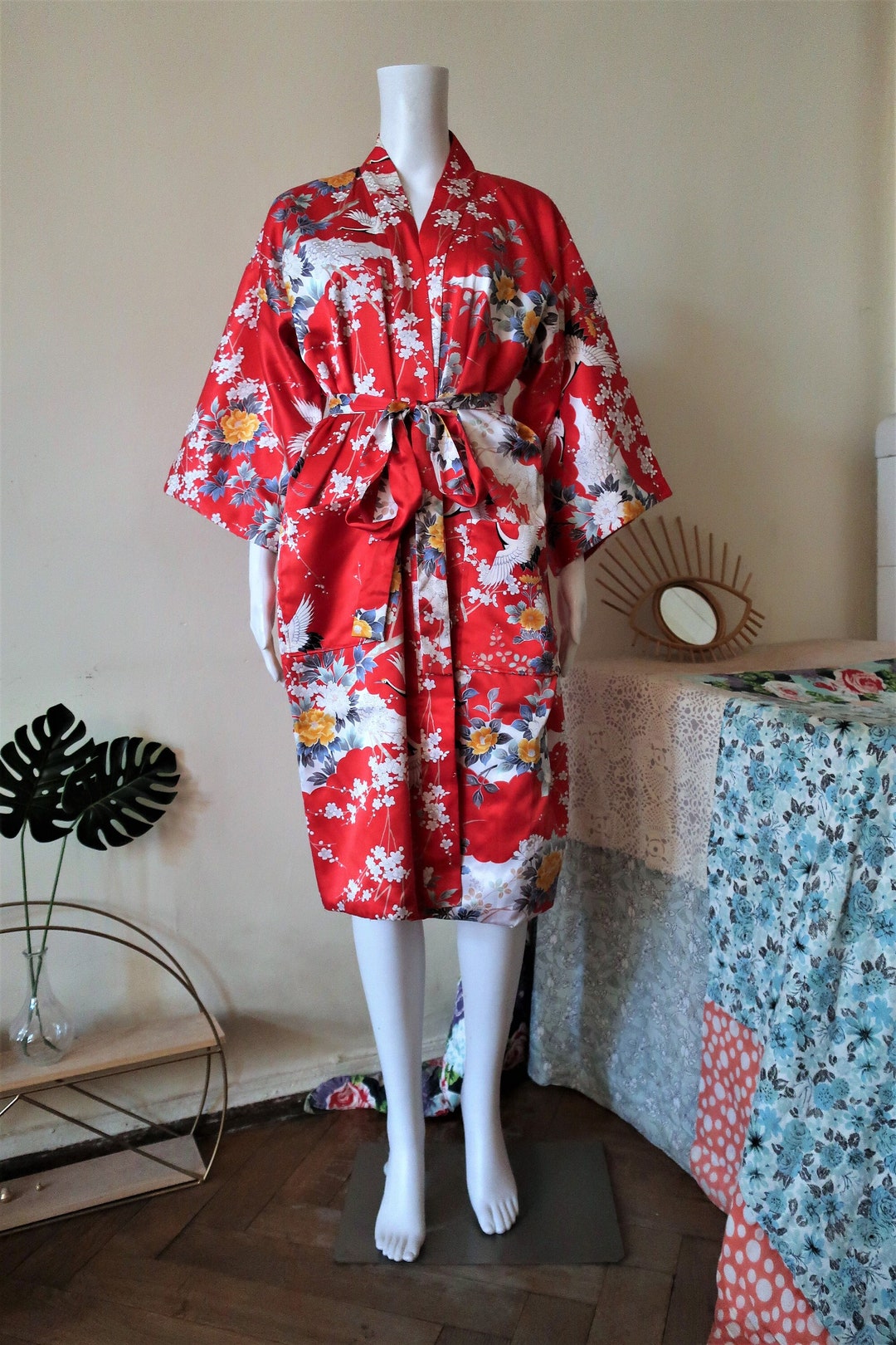 Vintage Red Japanese Kimono Style Dressing Gown Homewear Robe With ...