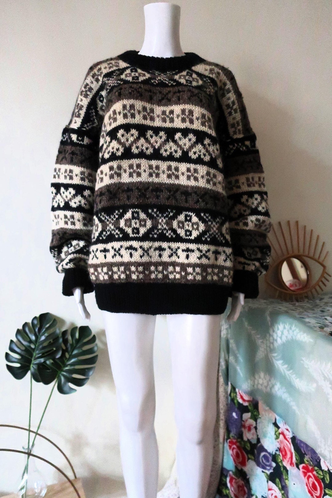 Vintage Nepalese Handmade Chunky Wool Knit Sweater Jumper Crew Neck ...
