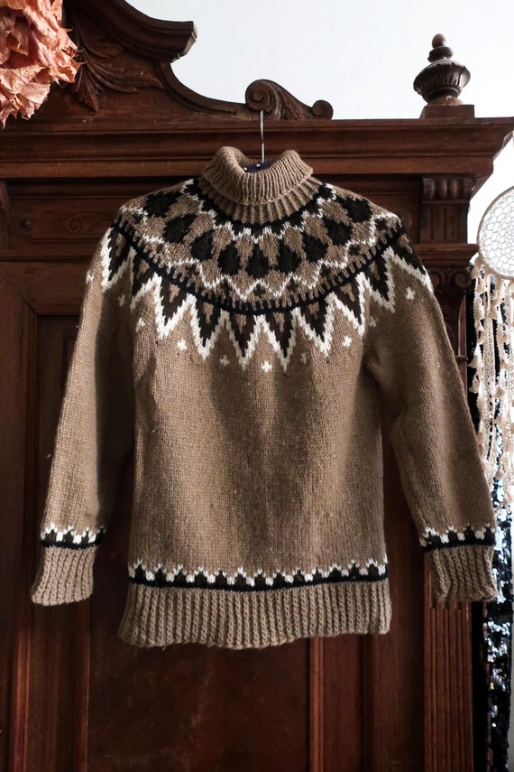 Vintage Nordic Folk Wool Knit Sweater Jumper Oatmeal Brown Vintage Nordic Folk Wool Knit Sweater Jumper Oatmeal Brown