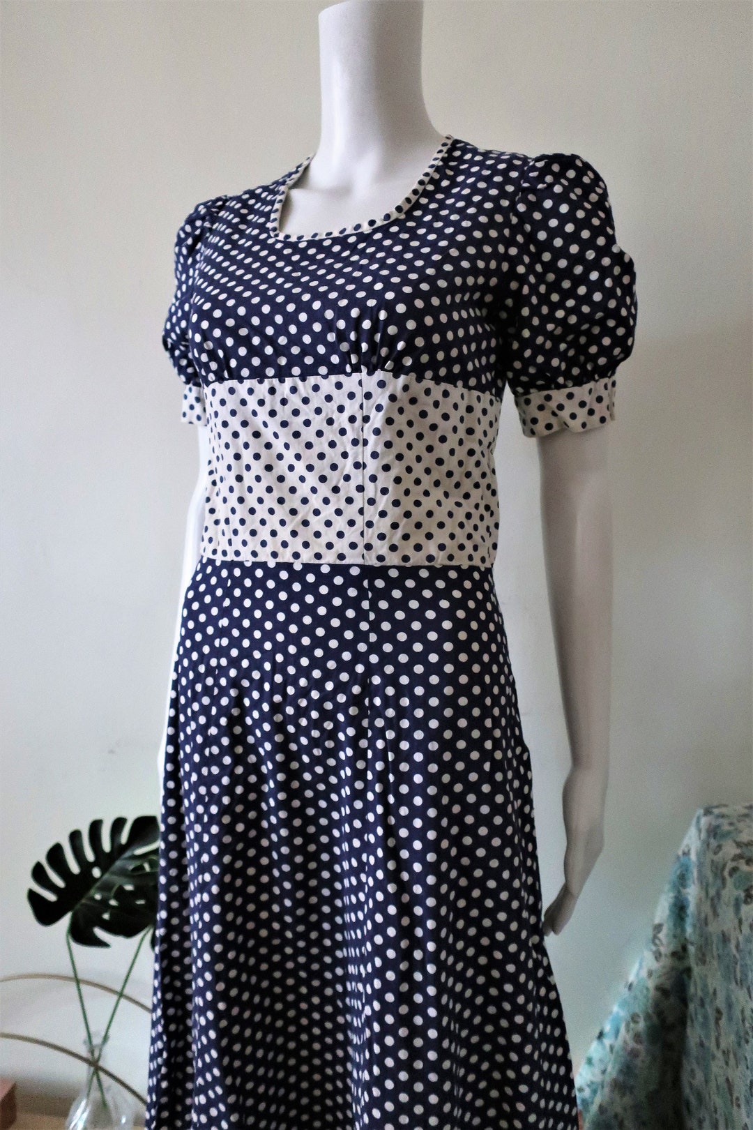 Vintage Blue and White Polka Dot Cotton Maxi Dress With Square Neck Puff Sleeves Wide Skirt and ...