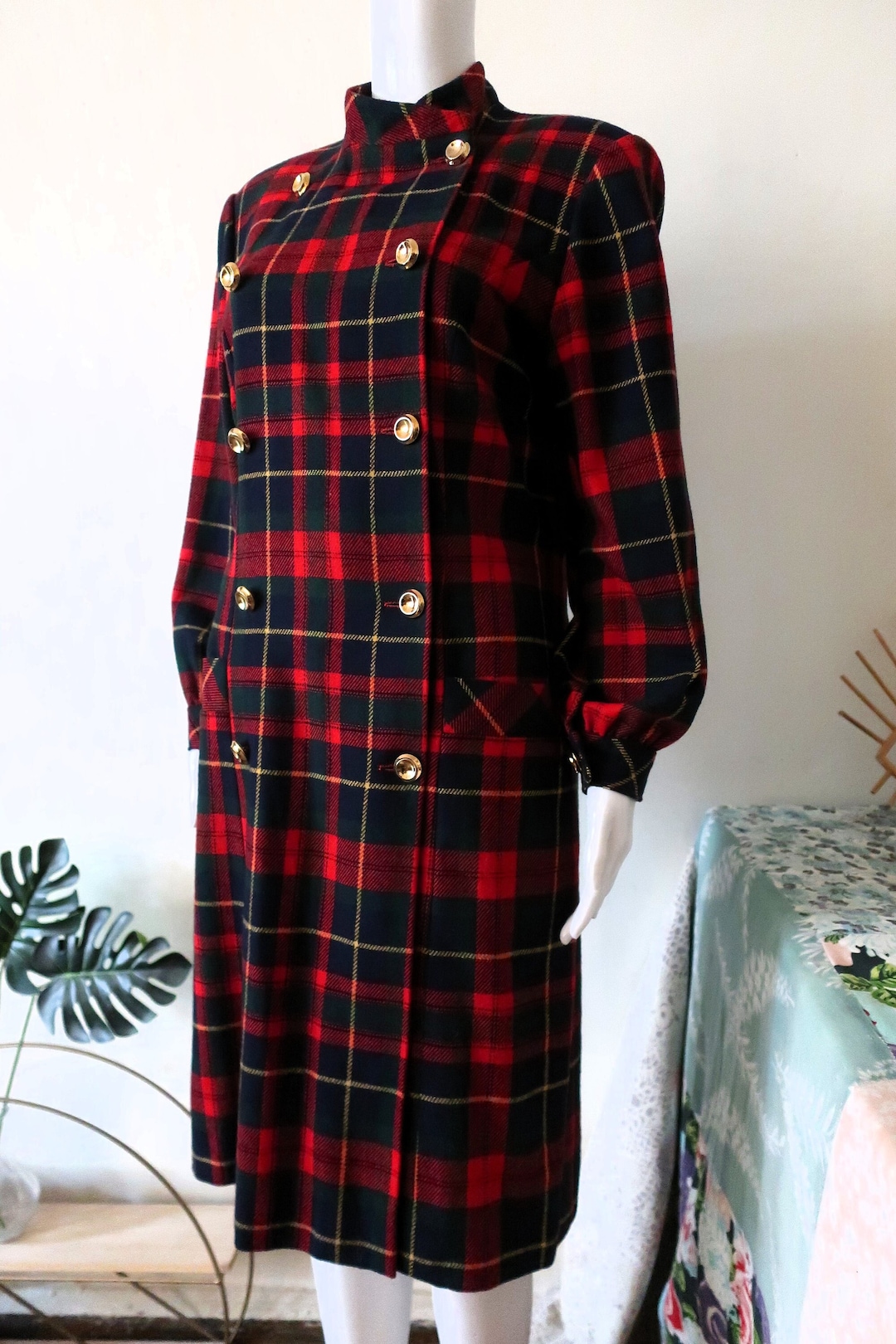 Vintage Double-breasted Light Wool Coat With Tartan Check Golden Metal ...