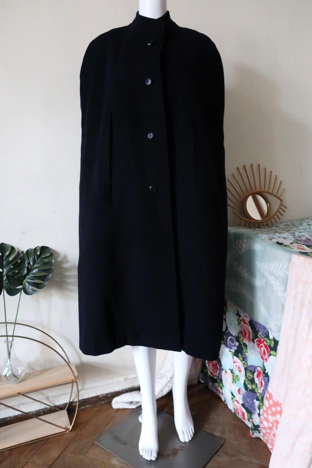 German Vintage Boutique Wool Cape Coat Cloak Black With High Neck and ...