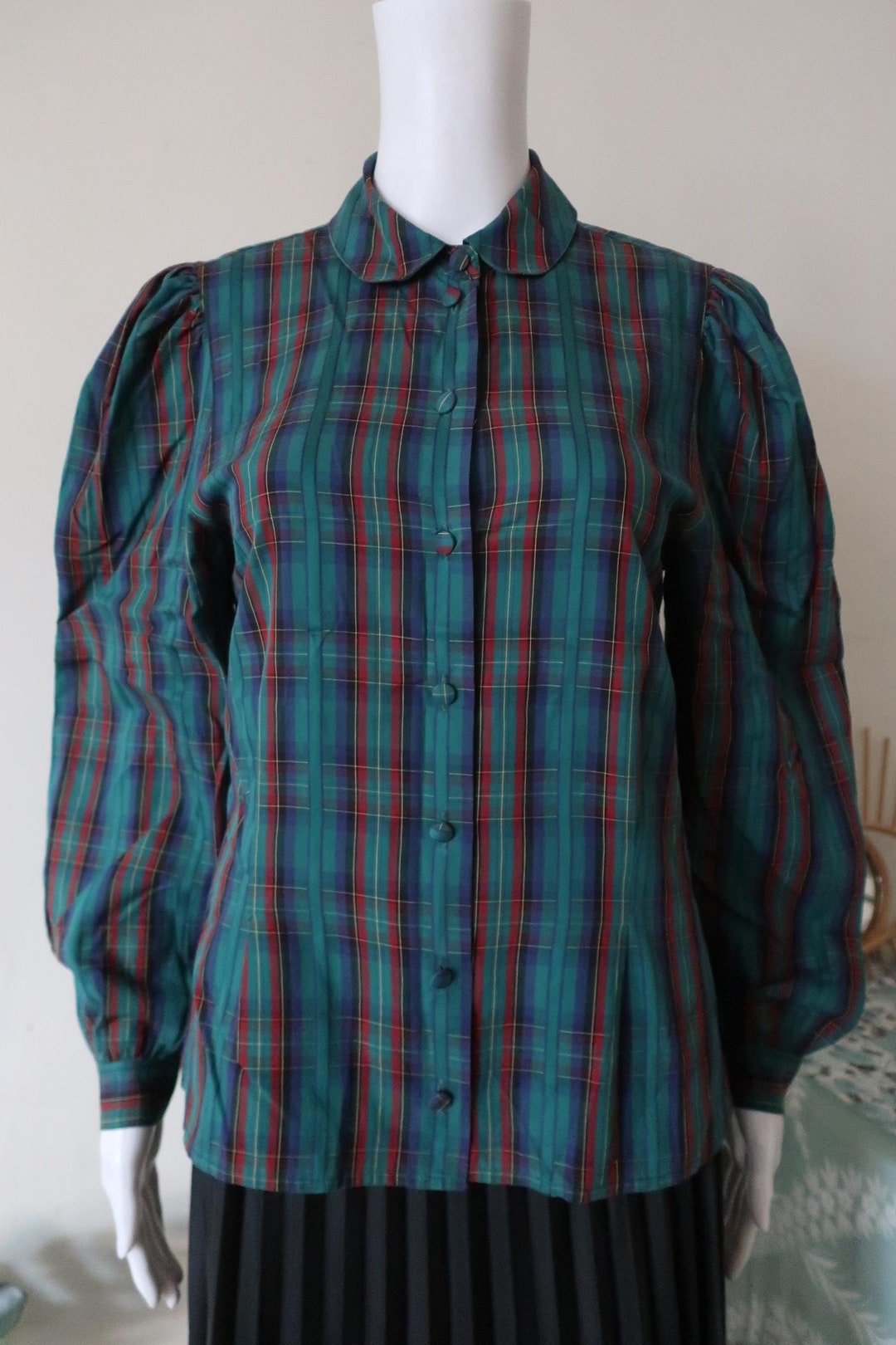 French Vintage Daniel Duval Paris Green Tartan Cotton Blouse Shirt With ...