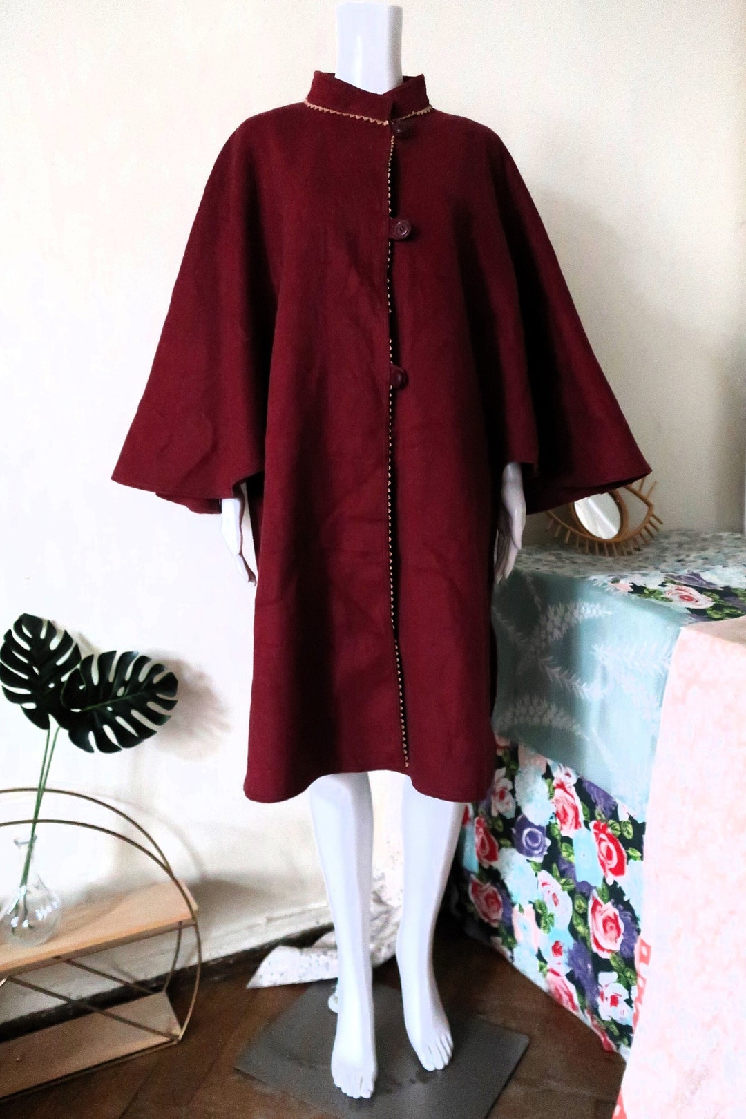French Vintage Long Wool Cape Coat Burgundy Red With High Neck Wide ...