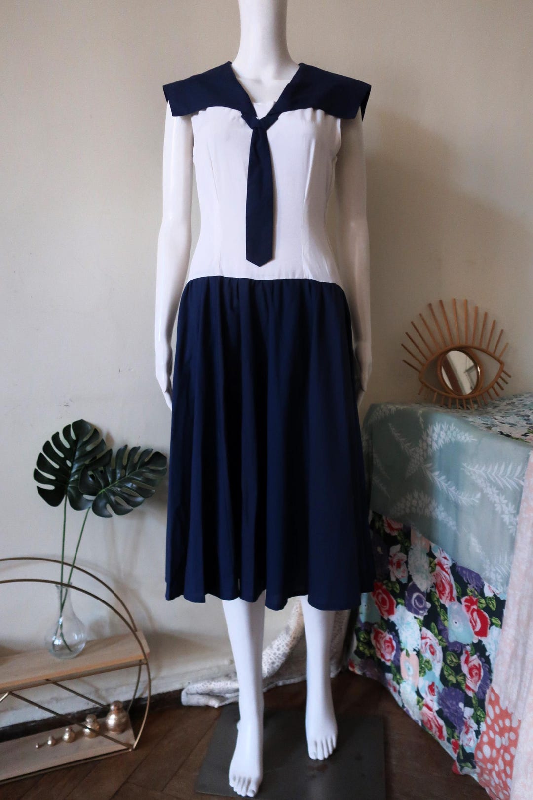 Vintage Anneli Kha Nautical Dress Blue White With Large Sailor Collar ...