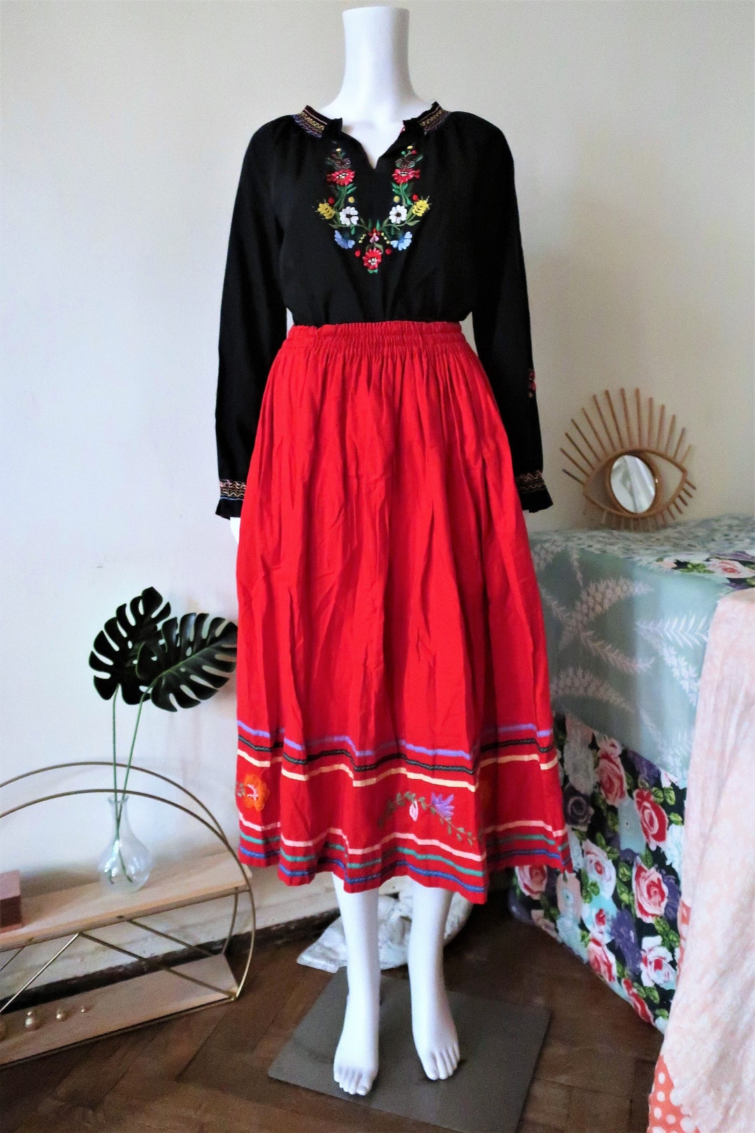 Vintage Red Folklore Cotton Midi Skirt With Floral Embroidery Boho ...