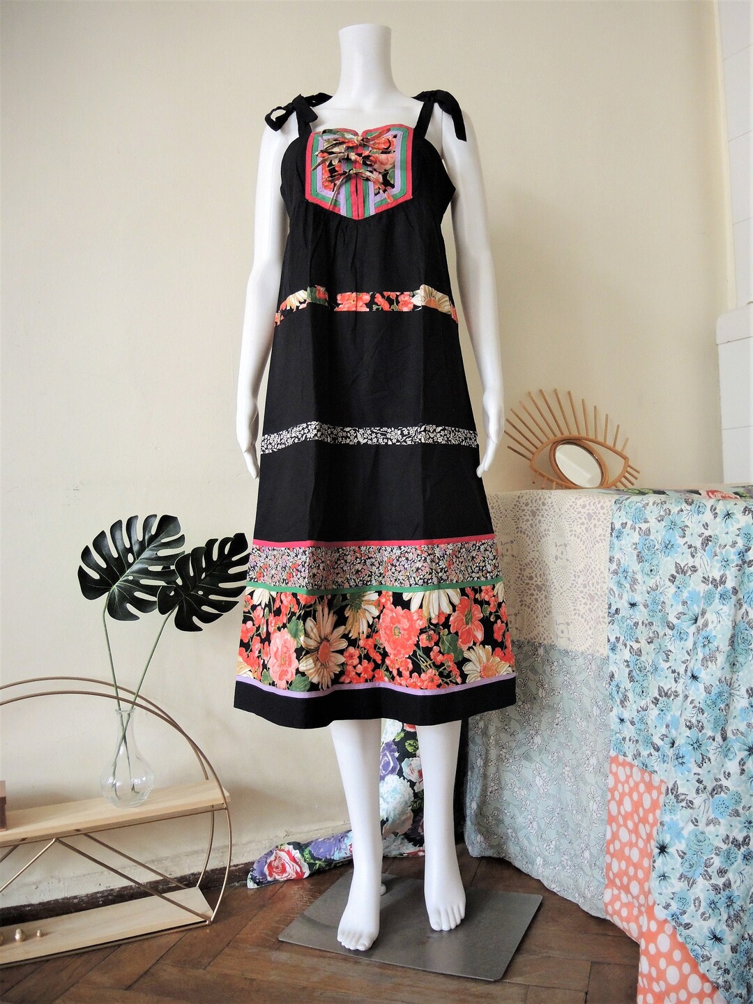 Vintage Black Cotton Midi Sundress Strap Dress With Floral Trims Bib ...