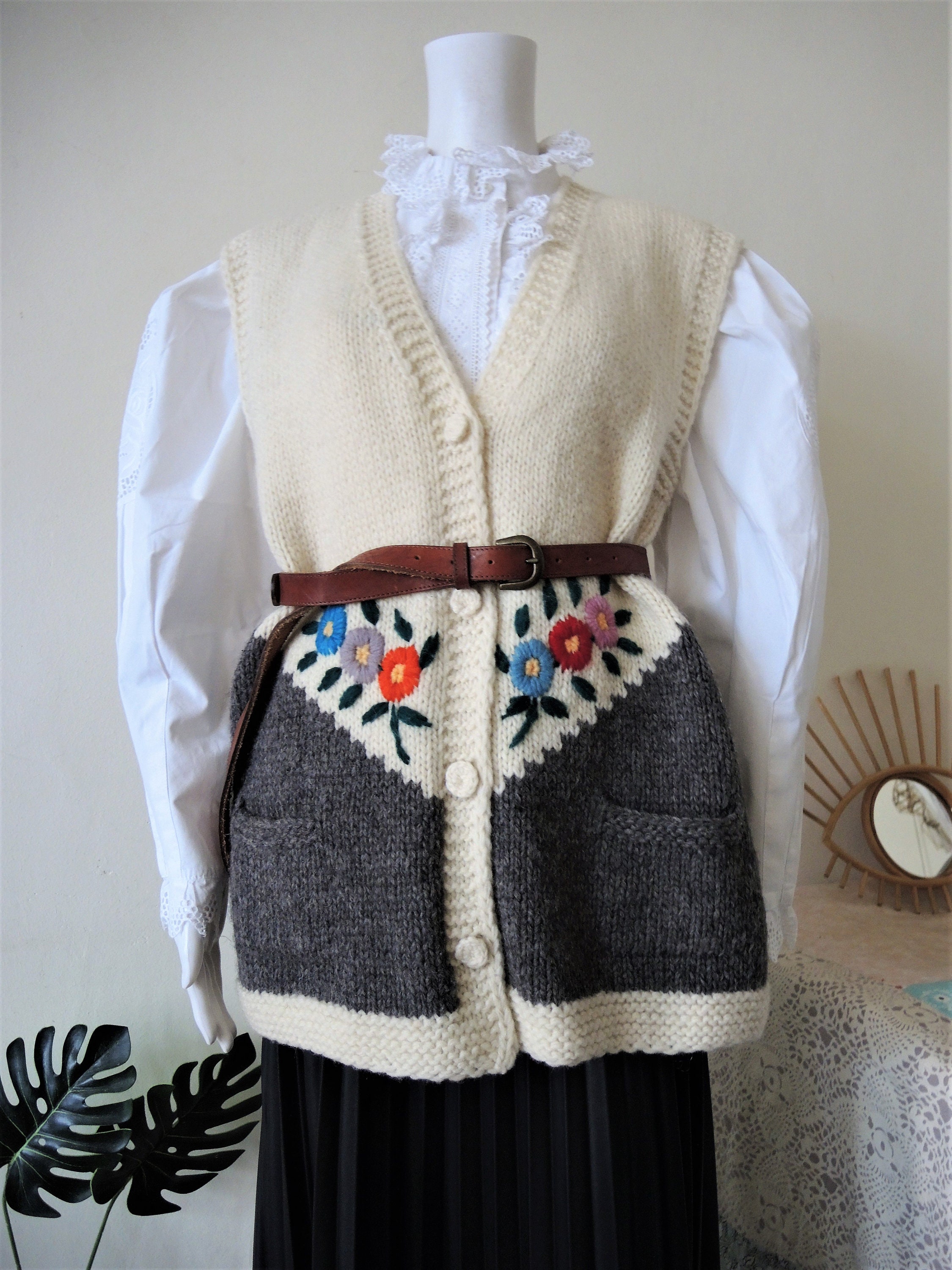 Vintage Handmade Chunky Wool Knit Folklore Vest With Floral Embroidery ...