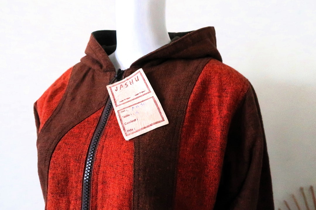 Vintage Handwoven Cotton Coat Brown Orange Fitted Cut With Hood and ...