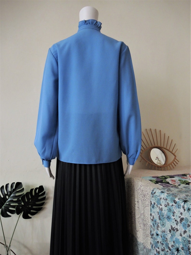 Vintage Blue Flowy Blouse With High Victorian Ruffle Neck and Pleats ...