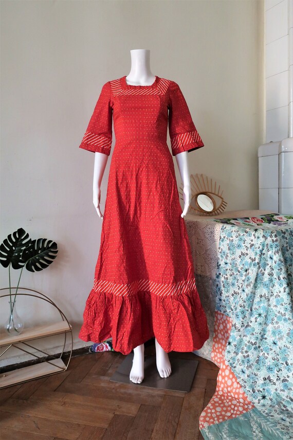 Vintage Red Cotton Maxi Prairie Dress With Square Neck Wide | Etsy