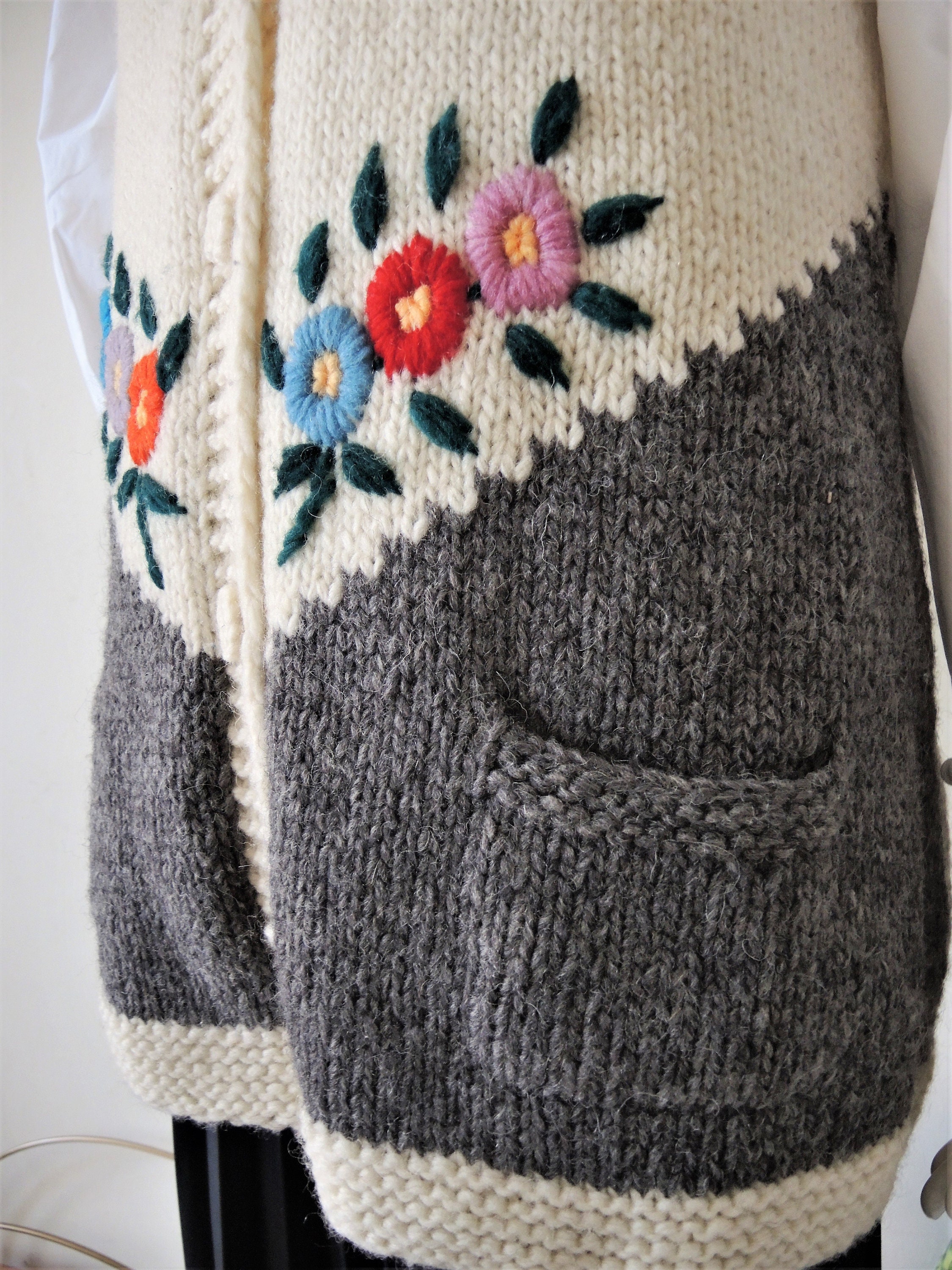 Vintage Handmade Chunky Wool Knit Folklore Vest With Floral Embroidery ...