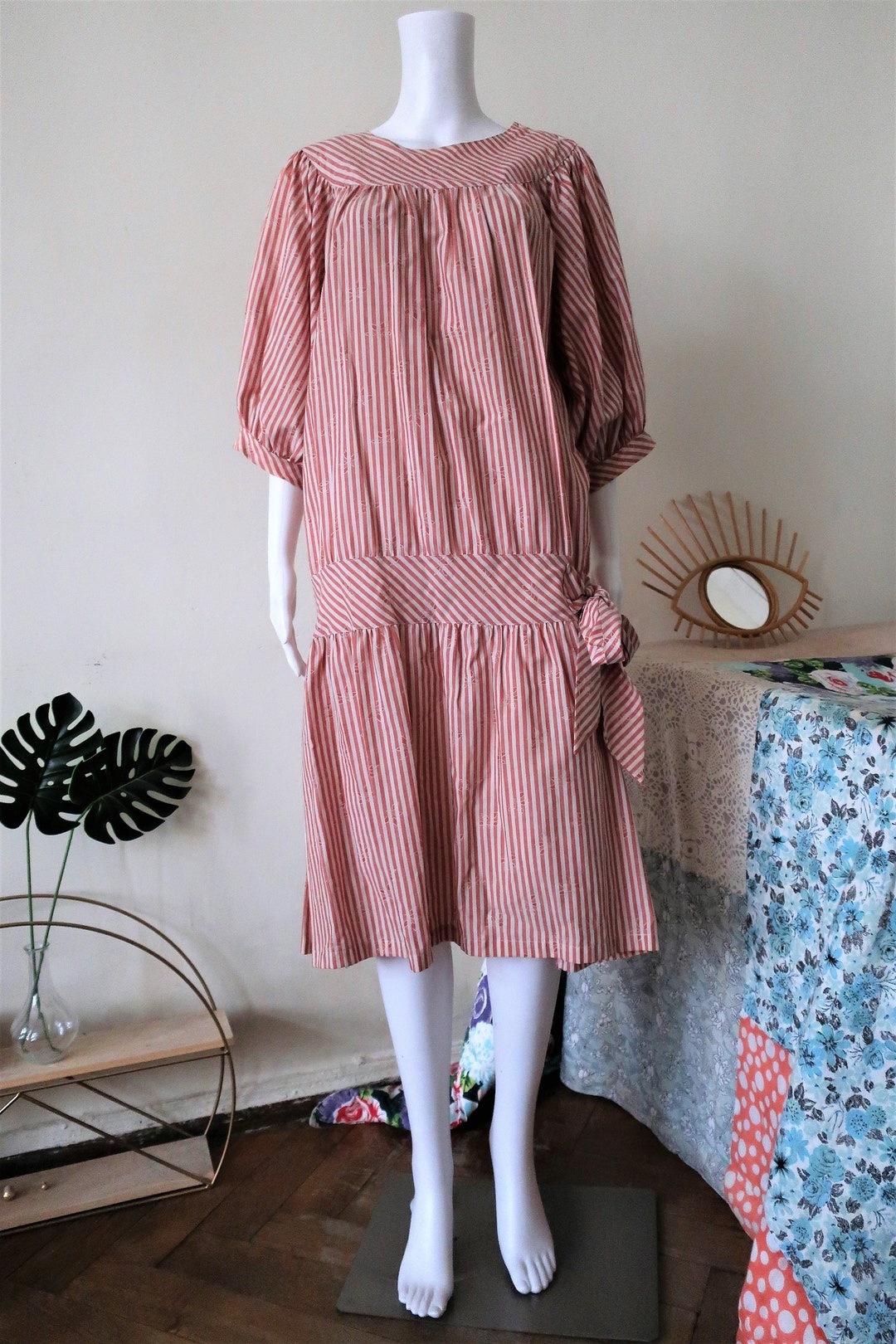Finnish Vintage Tiklas Striped Drop Waist Cotton Midi Dress With Puff ...