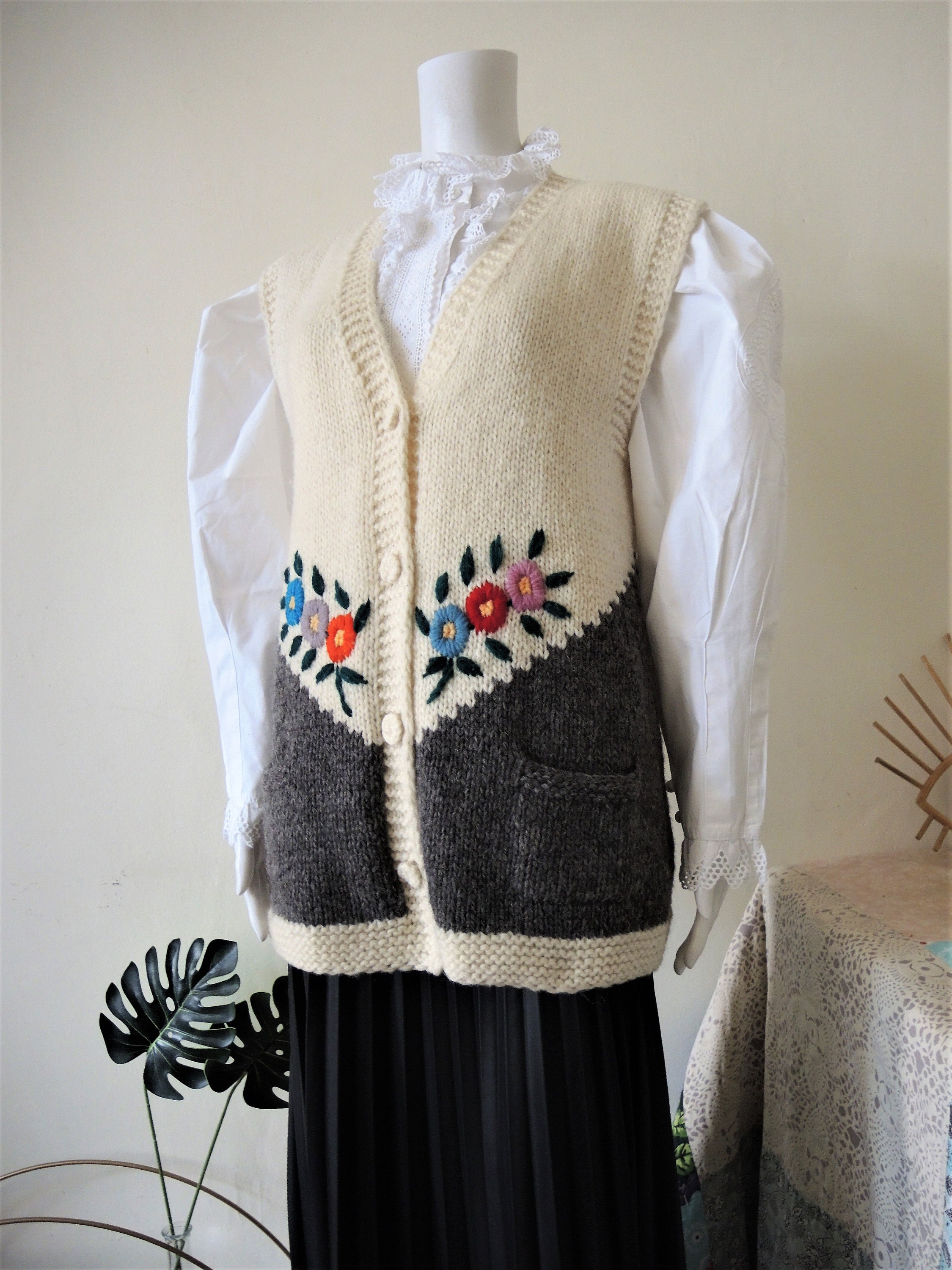 Vintage Handmade Chunky Wool Knit Folklore Vest With Floral Embroidery ...