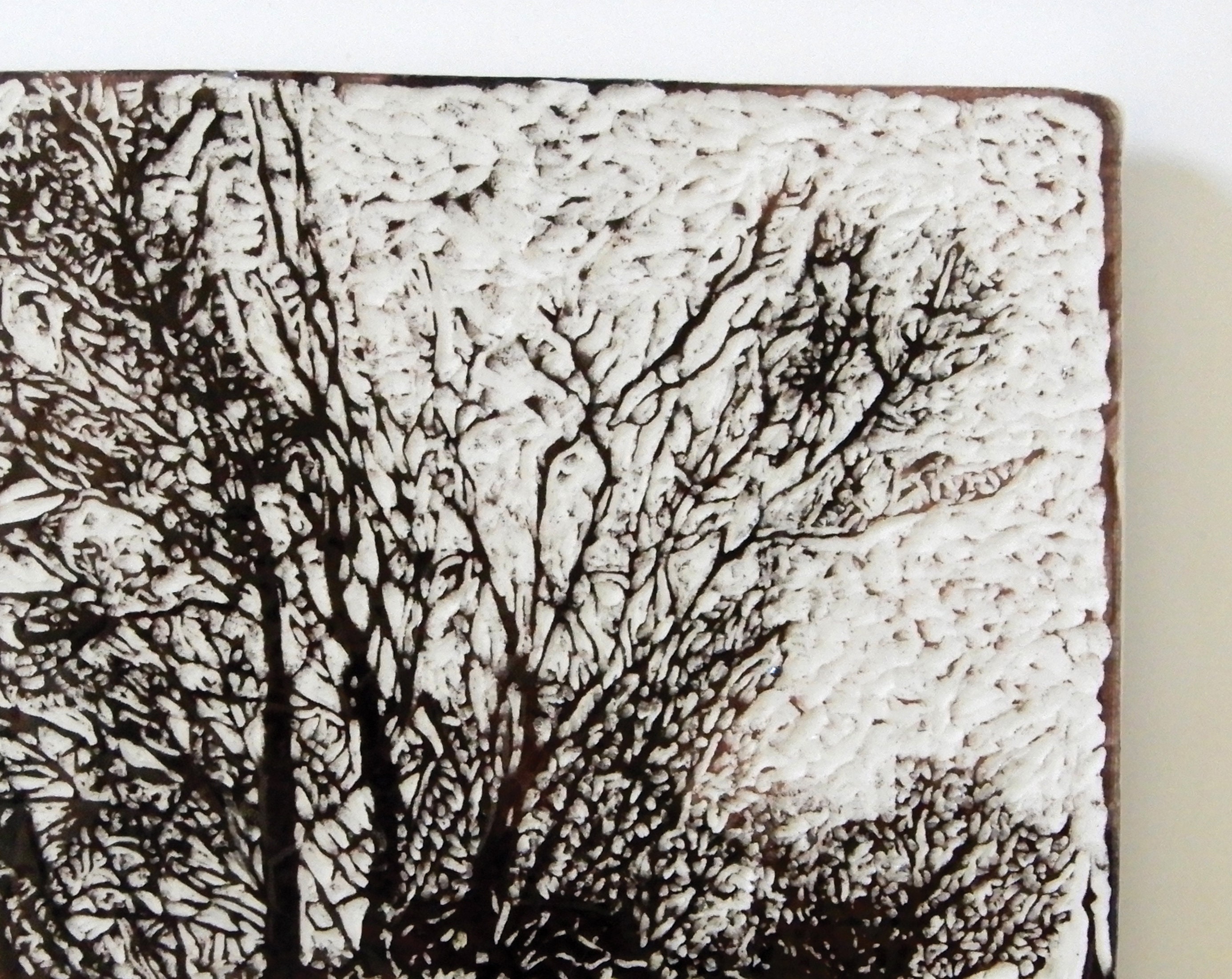 Sgraffito Textured 7in. Sq Trees Tile or Trivet Handmade Pottery Fine ...