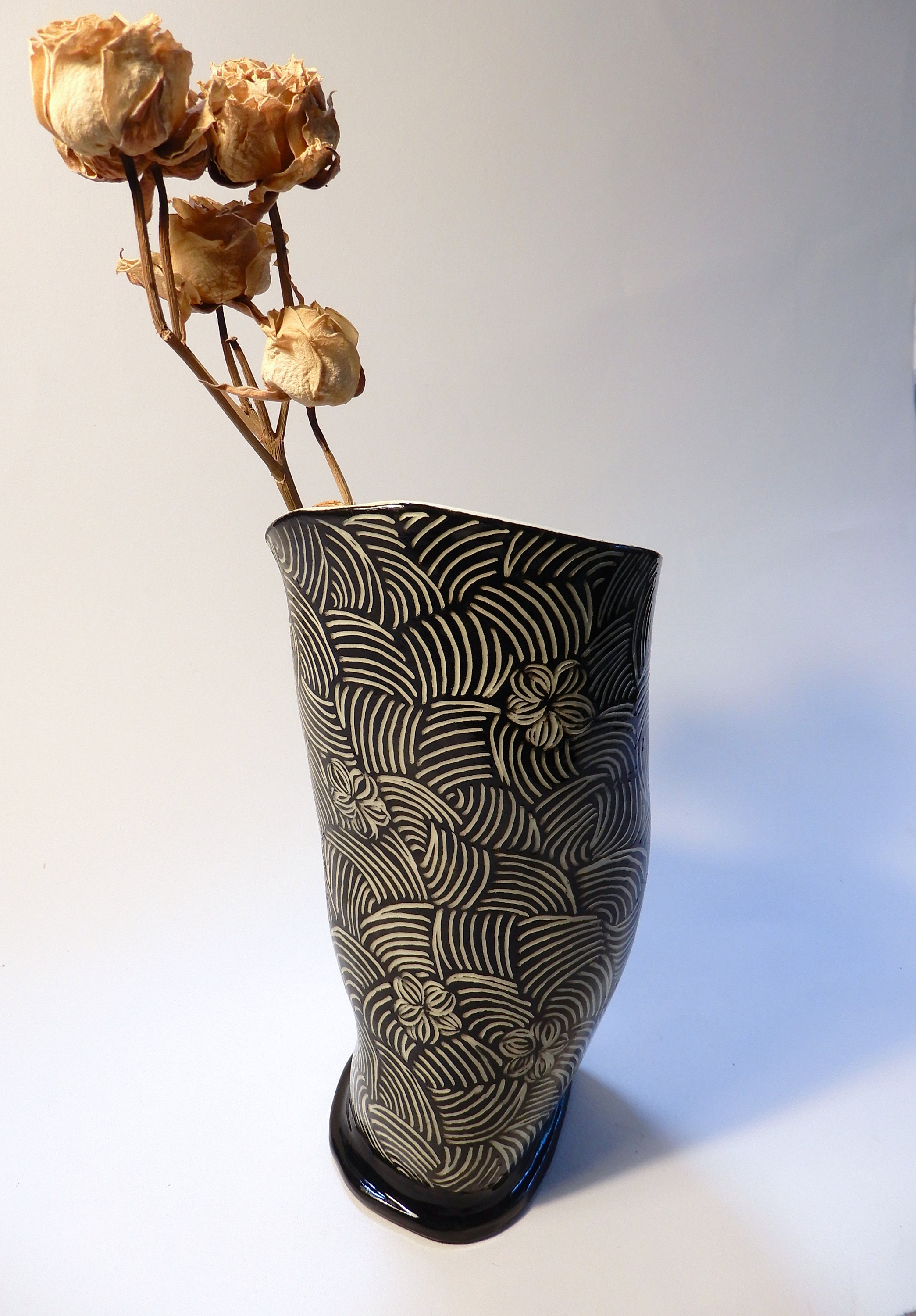 Sgraffito Art Pottery Handmade Vase ooak9x4.25in. Black on White ...
