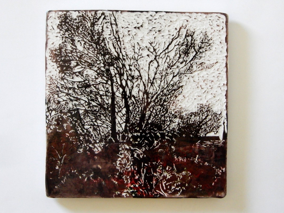 Sgraffito Textured 7in. Sq Trees Tile or Trivet Handmade Pottery Fine ...
