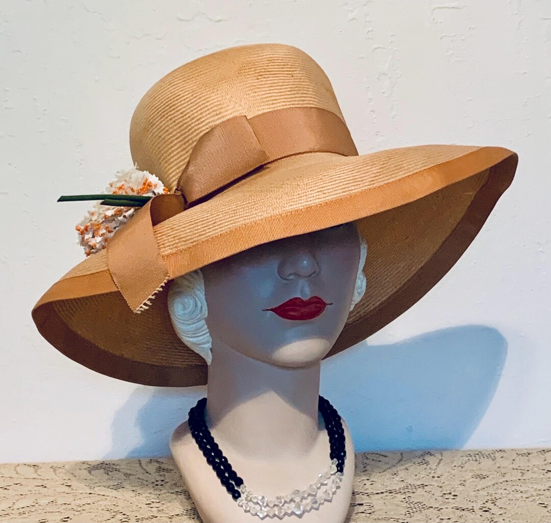 60’s Joseph Magnin Union Label Tan Straw Wide Brim Hat With Grosgrain ...