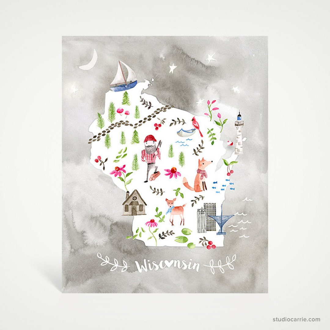 Wisconsin Collage Watercolor Art Print | Studio Carrie Wall Art | 8x10 ...