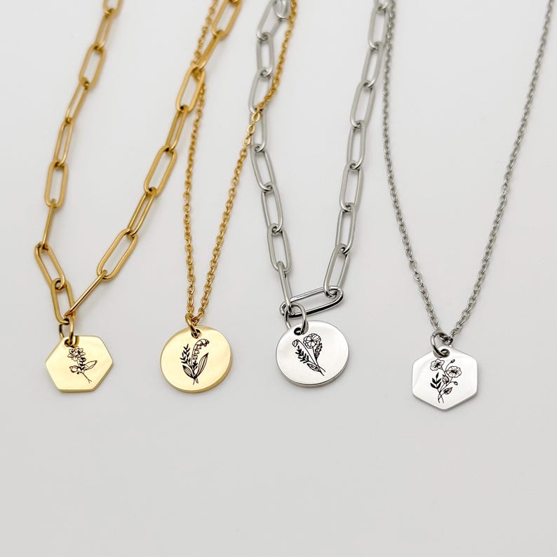 Personalized Birth Flower Hexagon Charm Necklace on a Hypoallergenic ...