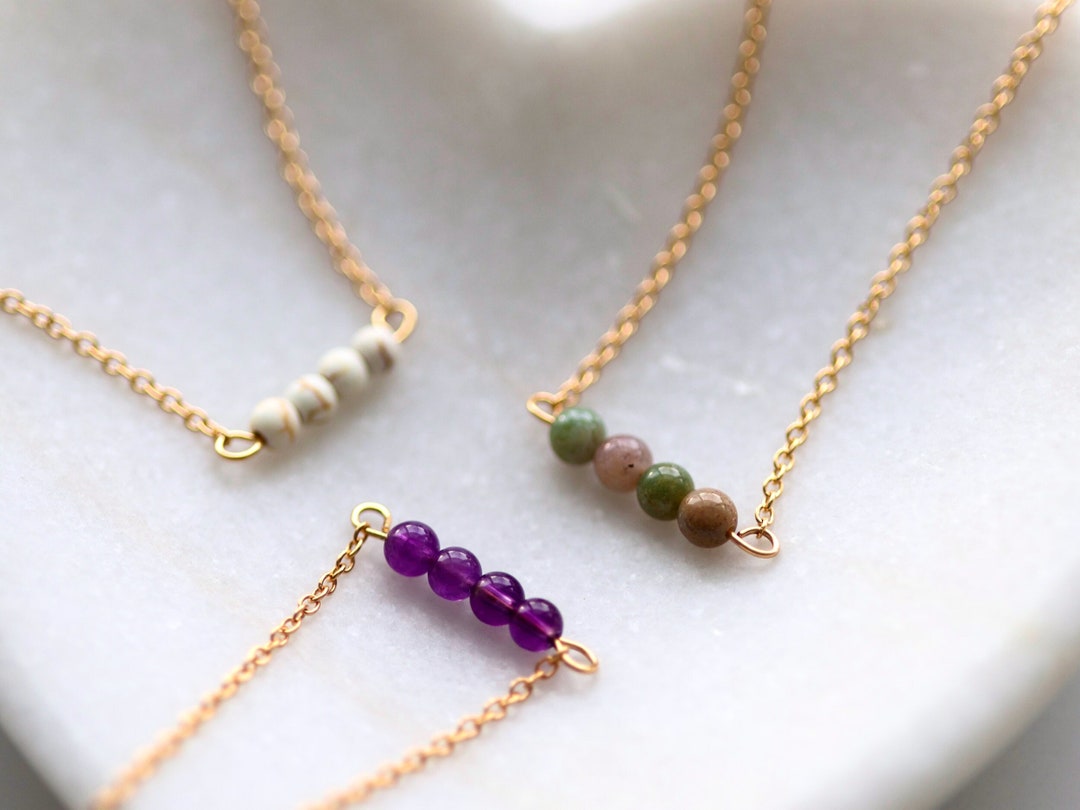 Small Stones Gold Necklace, Birthstone Necklace, Gold Stainless Steel ...