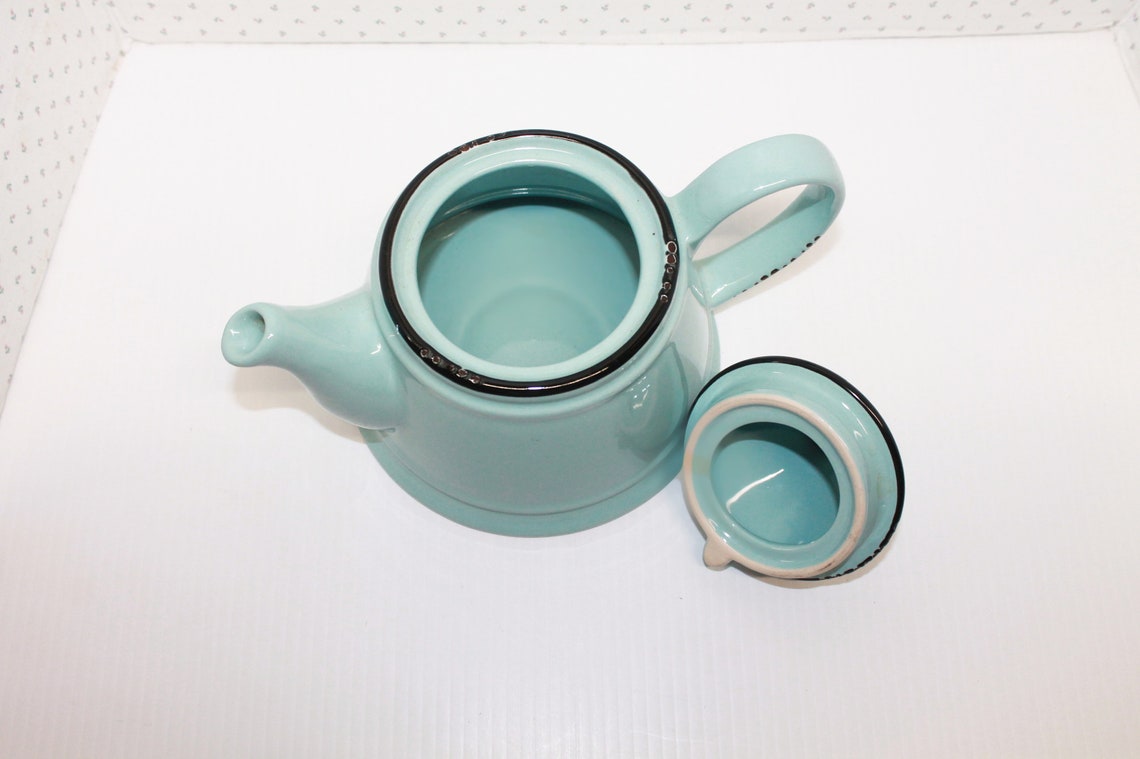 Powder Blue Ceramic Teapot, Black Trim, Kettle Shape, 1950's Aged Look ...