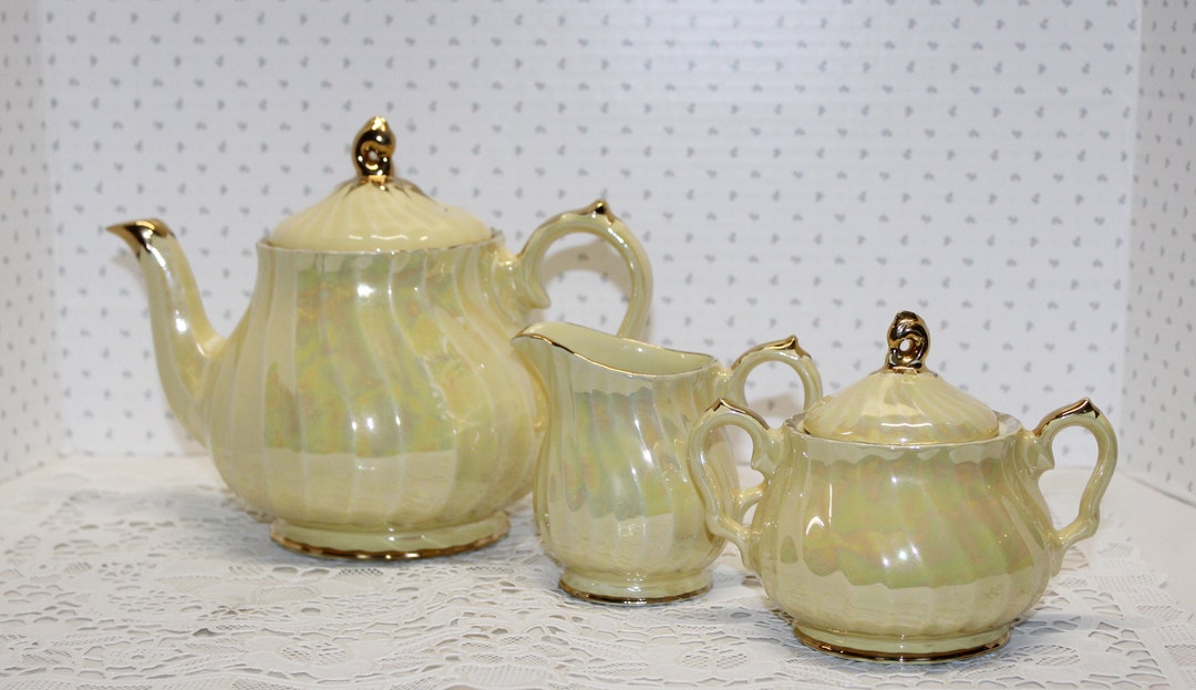 Vintage Sadler Teapot Iridescent Yellow With Cream and Sugar Pearlized ...