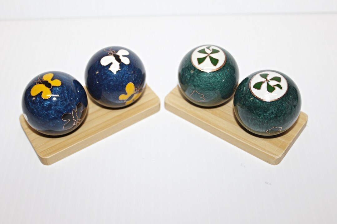 Vintage Chinese Iron Baoding Health Balls Chimed With Wood Stand, Green ...