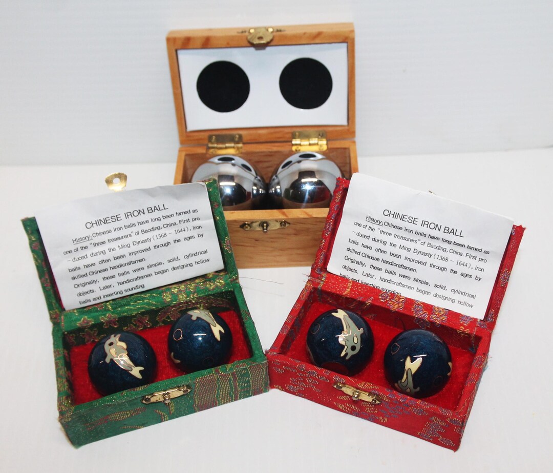 Vintage Chinese Iron Baoding Health Balls Chimed Boxed Stainless Steel ...