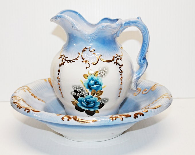 Vintage Ceramic Wash Pitcher and Basin in White and Blue, Raised Design ...