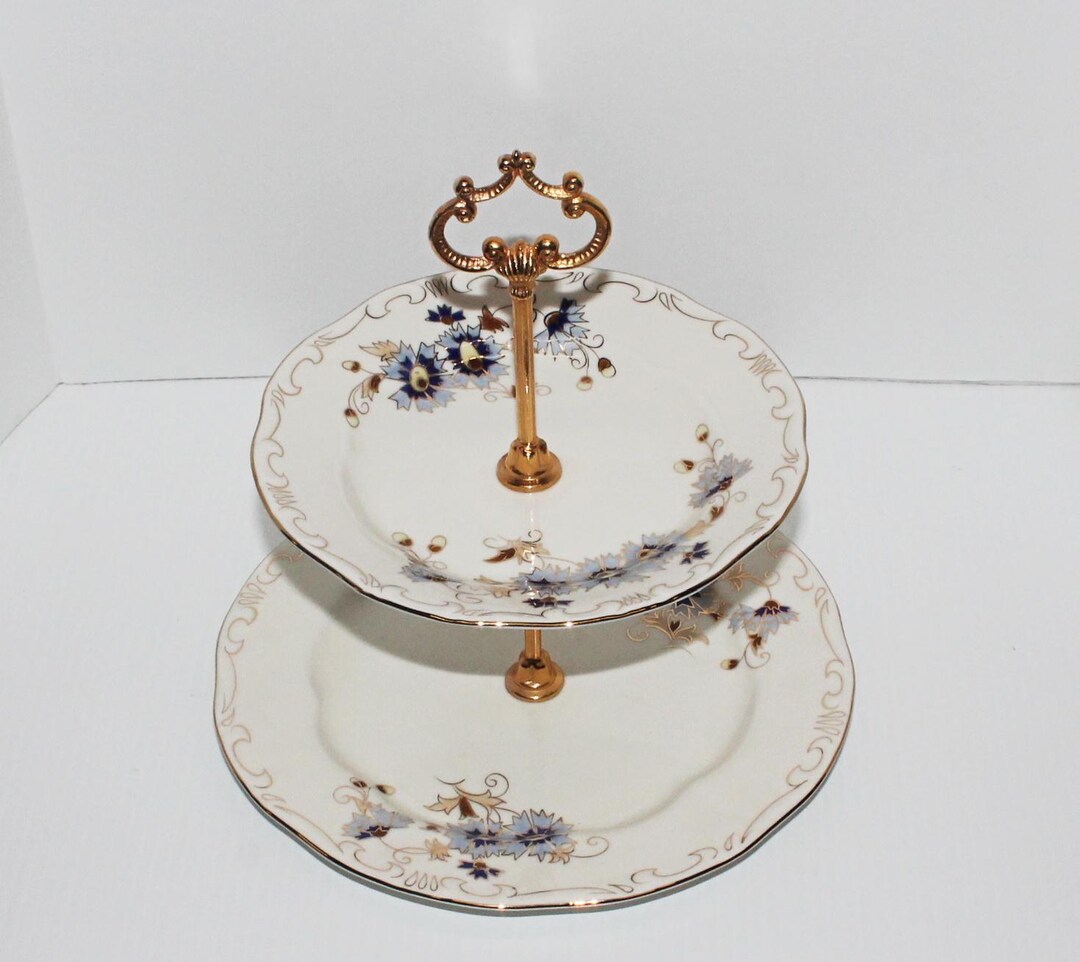 Vintage 2 Tier Pastry, Cup Cake Stand, Blue and Gold Florals With Gold ...