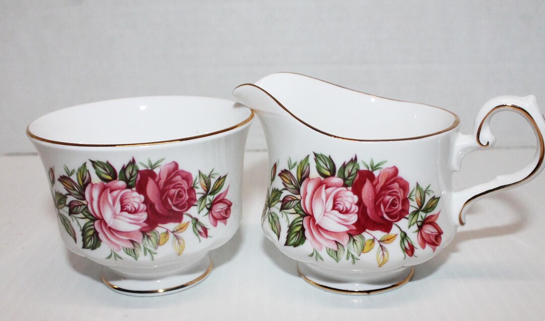 Vintage Queen Anne Cream & Sugar Container Double Pink Roses Mint ...