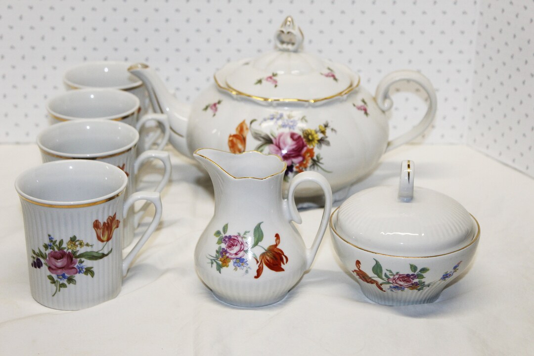 Vintage Teapot Set Dresden Flowers 6 Cup Teapot, 4 Cups, Cream & Sugar ...