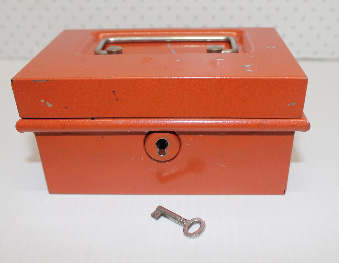 Vintage Metal Lock Box With Key. Painted Orange, Coin, Cash Storage ...