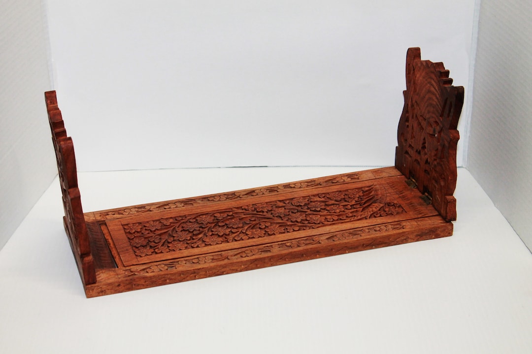 Vintage Expandable Sliding Teak Wood Book Rack, Book Ends, Floral ...