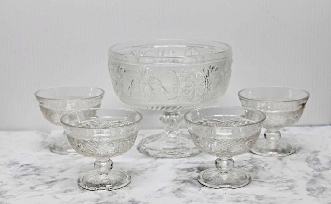 Vintage Etched Glass Dessert Bowl Set, Beaded Floral Design, 5 Pieces ...