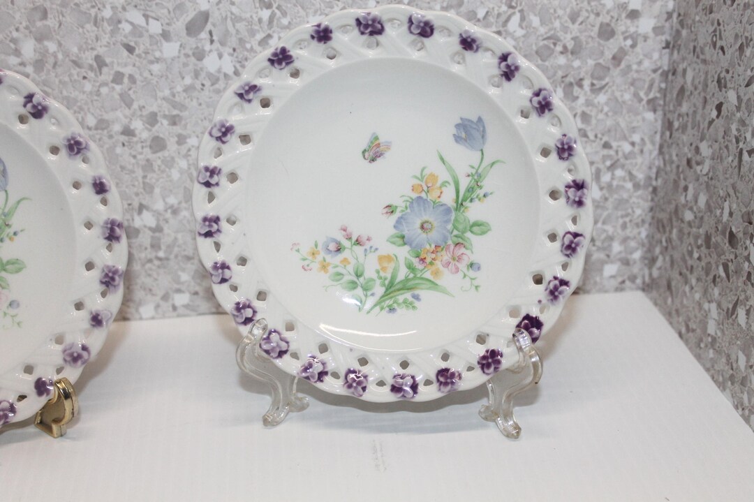 Vintage Pair of Side Plates, Reticulated & Purple Violet Border, Floral ...