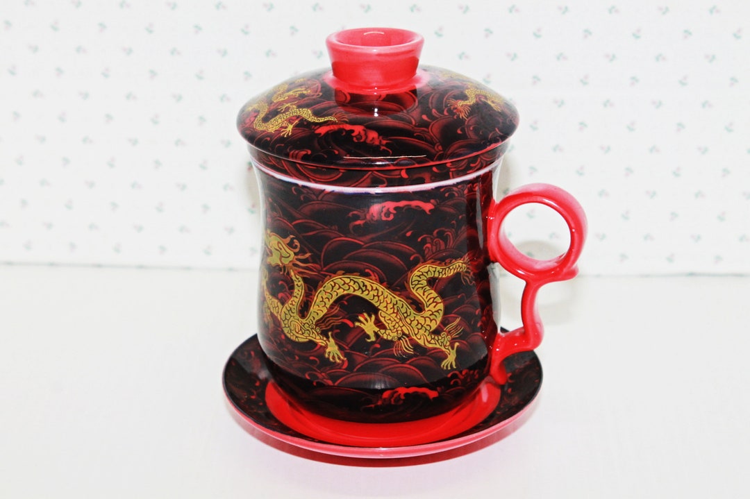 Porcelain Steeped Teacup, Infuser, Lid, Saucer Red & Black Asian Design ...