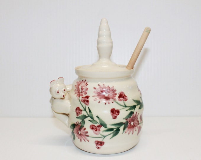 Vintage Ceramic Honey Pot, With Lid, Wood Honey Dipper, Honey Bear ...