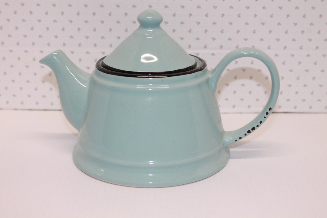 Powder Blue Ceramic Teapot, Black Trim, Kettle Shape, 1950's Aged Look ...