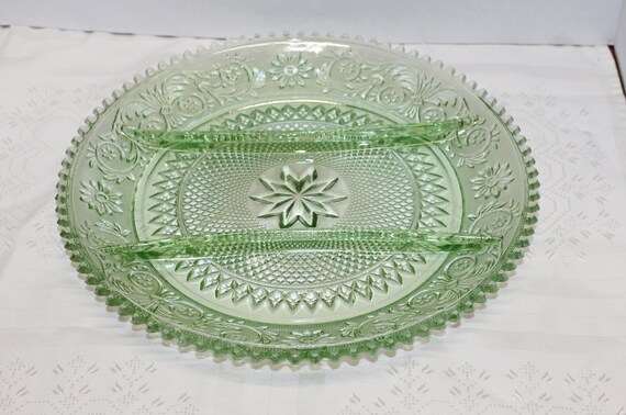 Vintage Green Pressed Glass Serving Platter Large Divided in | Etsy