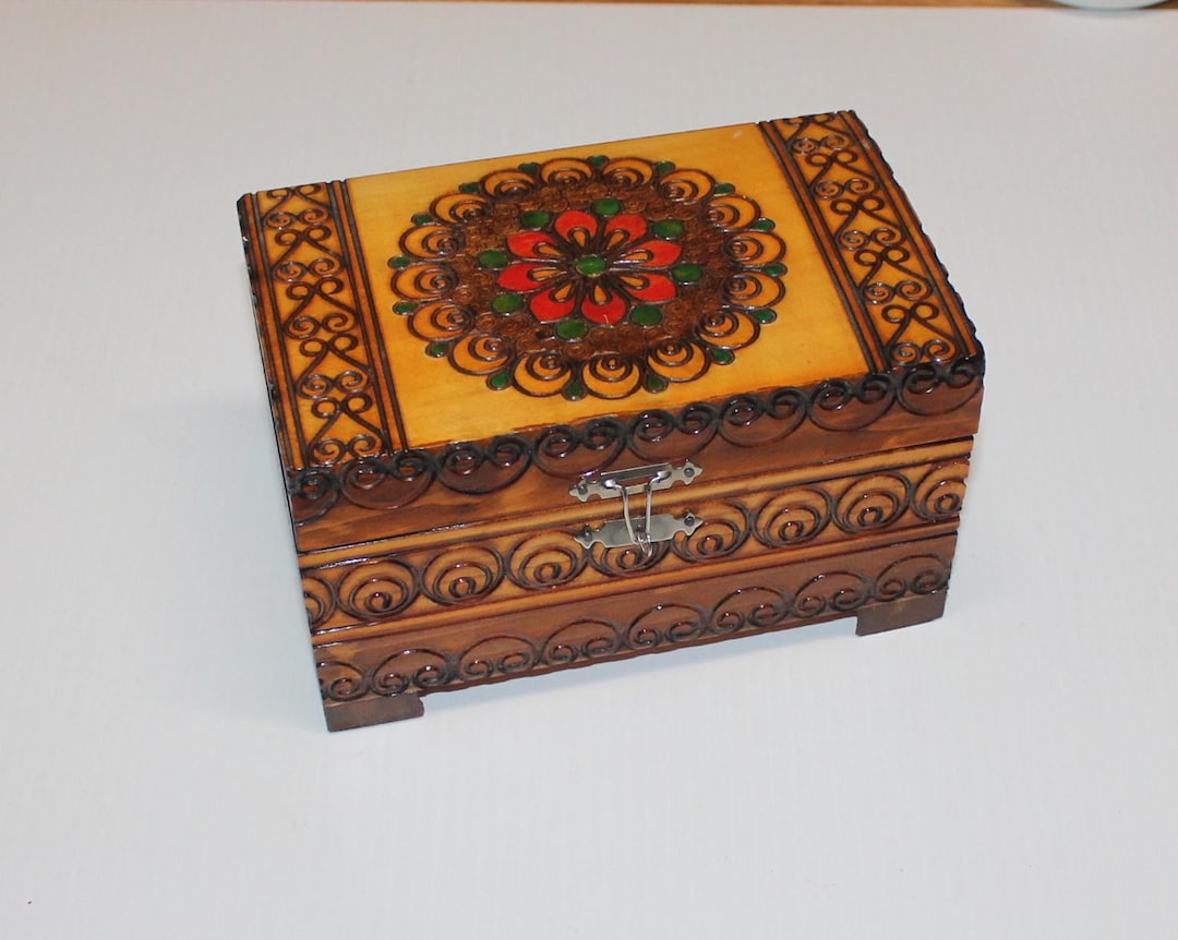 Vintage Handmade Large Pyrography Keepsake Box With Lock & Key, Hand ...