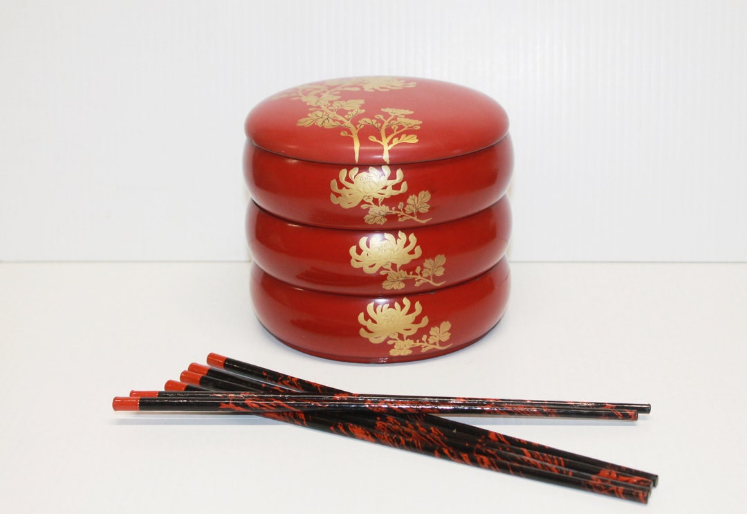 Vintage Japanese Lacquerware Rice Bowl, Stacking Bowls of 3 With 2 Sets ...