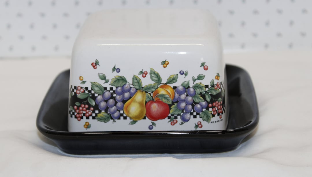 Vintage Square Butter Dish, Black Plate, White Cover Lid With Fruits ...