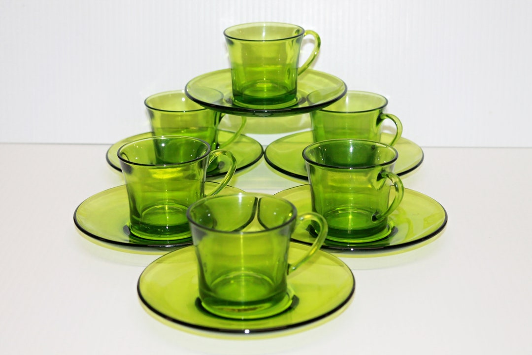 Vintage Duralex Green Glass, 6 Sets of Espresso Cups & Saucers, Made in ...