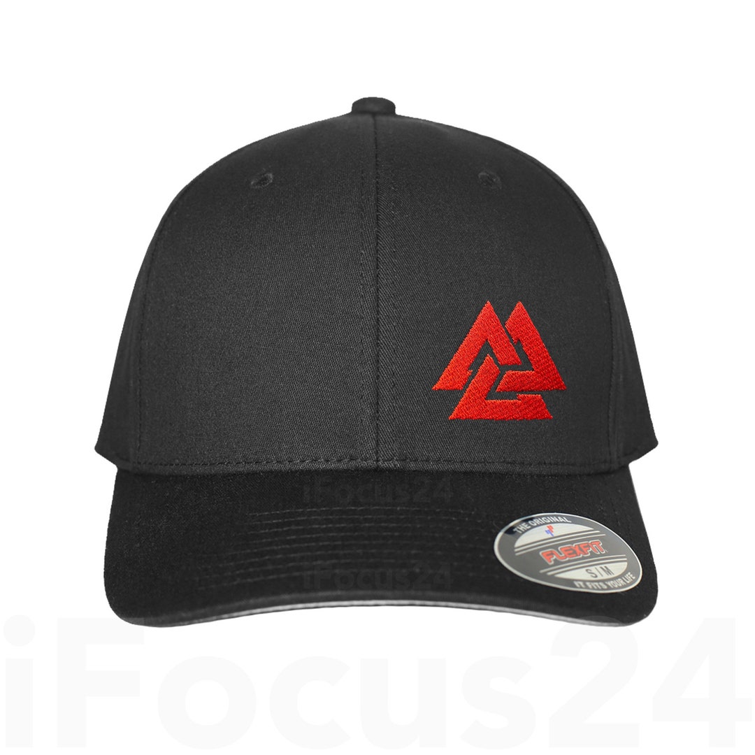 Embroidered Red Logo VALKNUT ODIN Norse GOD Viking Symbol Fitted Flex ...