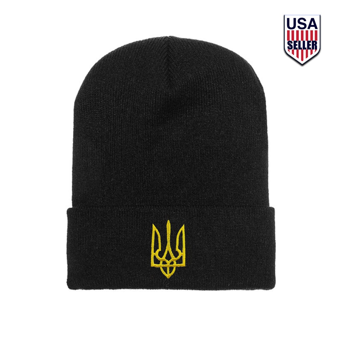 Ukraine Trident Coat of Arms Embroidery Knit Beanie Cap Cuff Winter Hat ...